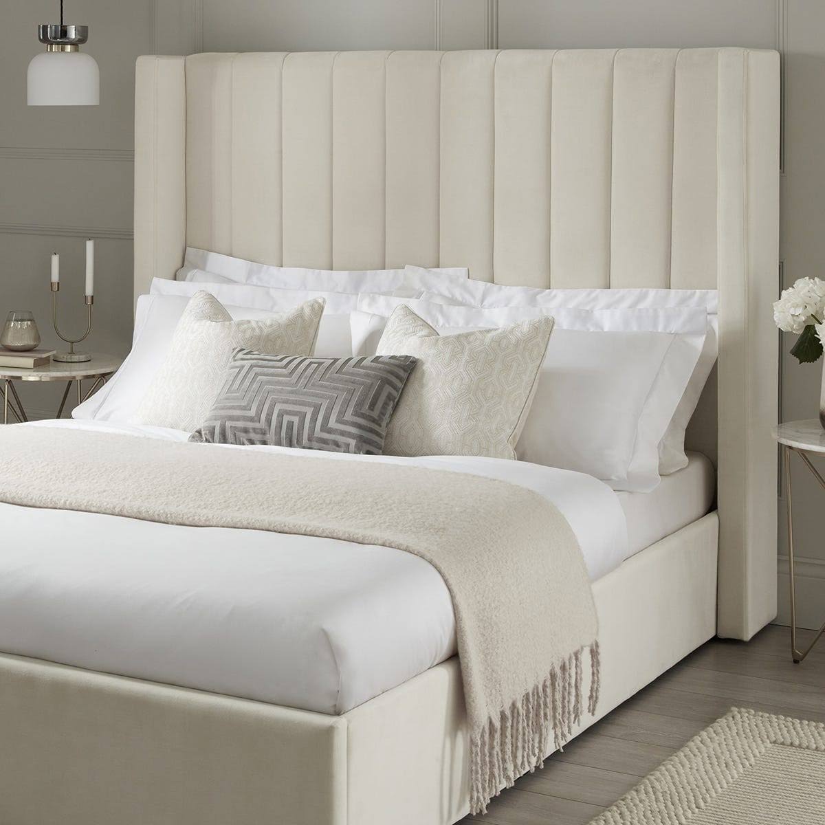 Wing Back Ottoman Storage Bed Frame With Vertical Liner Floor Standing ...
